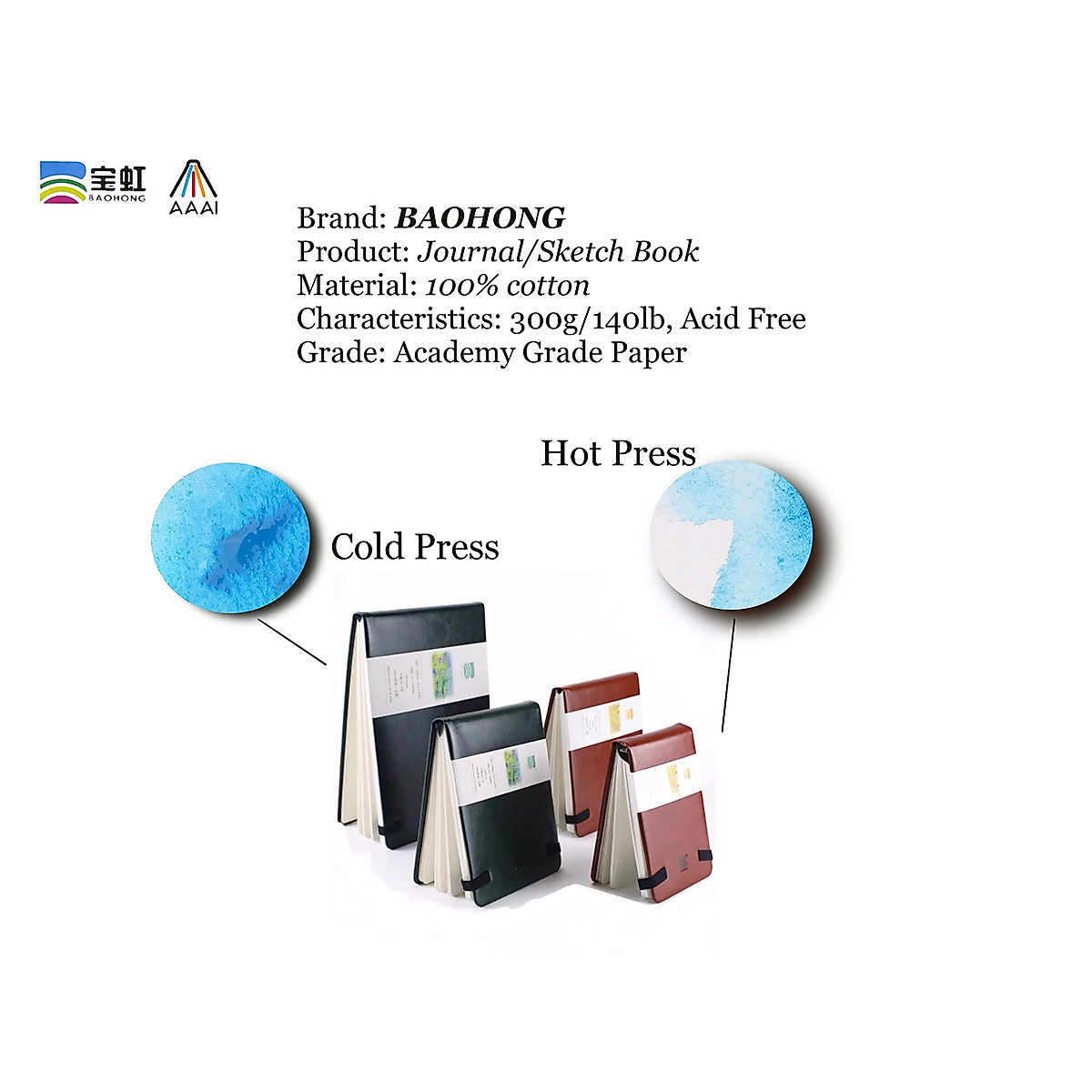 BAOHONG Academy' Watercolor Journal, PU Leather Cover, 24 Sheets Sized 6.2" x 9.4", Cold Press Academy Grade Watercolor Paper, 100% Cotton 140 lb (300 GSM), Travel Art Journal