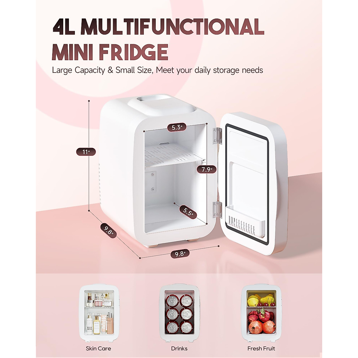 BEICHEN Mini Skincare Fridge with Dimmable LED Light Mirror,4 L/6 Can Mini Fridge for Bedroom,Office, Car, Dorm,Cooler & Warmer, Makeup Fridge for Skin Care, Cosmetics, Food,White