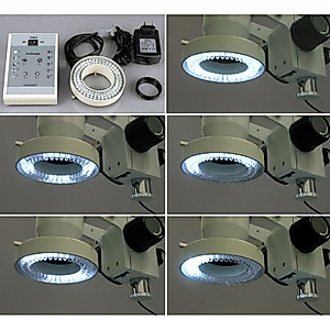 AmScope SM-4TZ-80AM-5M Digital Professional Trinocular Stereo Zoom Microscope, WH10x Eyepieces, 3.5X-90X Magnification, 0.7X-4.5X Zoom Objective, Eight-Zone LED Ring Light, Double-Arm Boom Stand, 110V-240V, Includes 0.5X and 2.0X Barlow Lenses and 5MP Cam