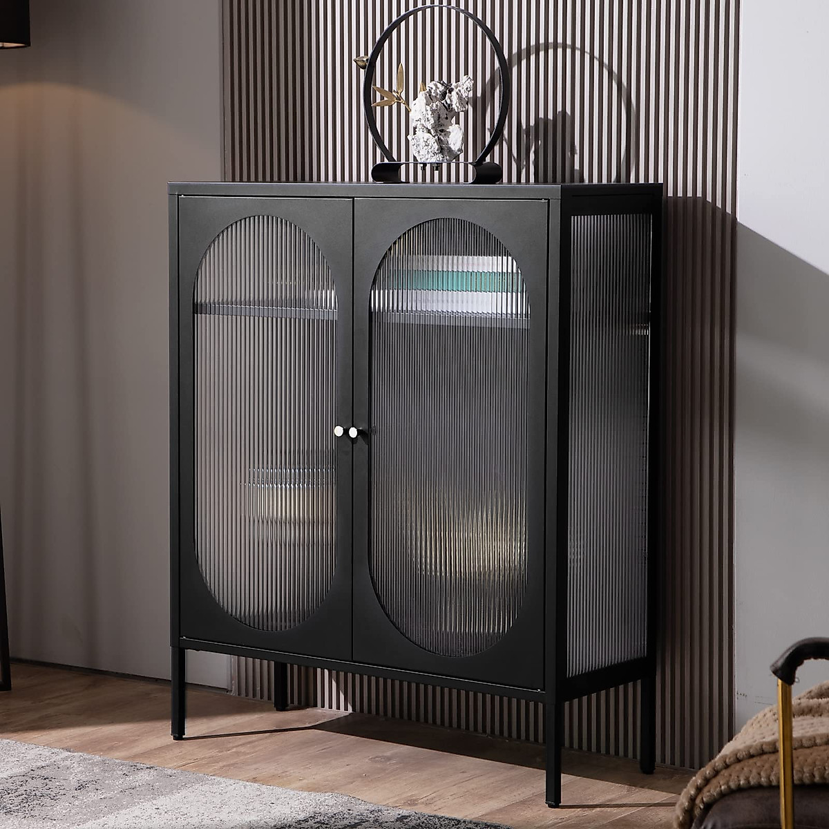 SICOTAS Sideboard Cabinet Buffet, Modern Accent Buffet Storage Cabinet with Glass Doors, Free Standing Cabinet for Living Room, Cupboard Console Table for Kitchen Dining Room, Black