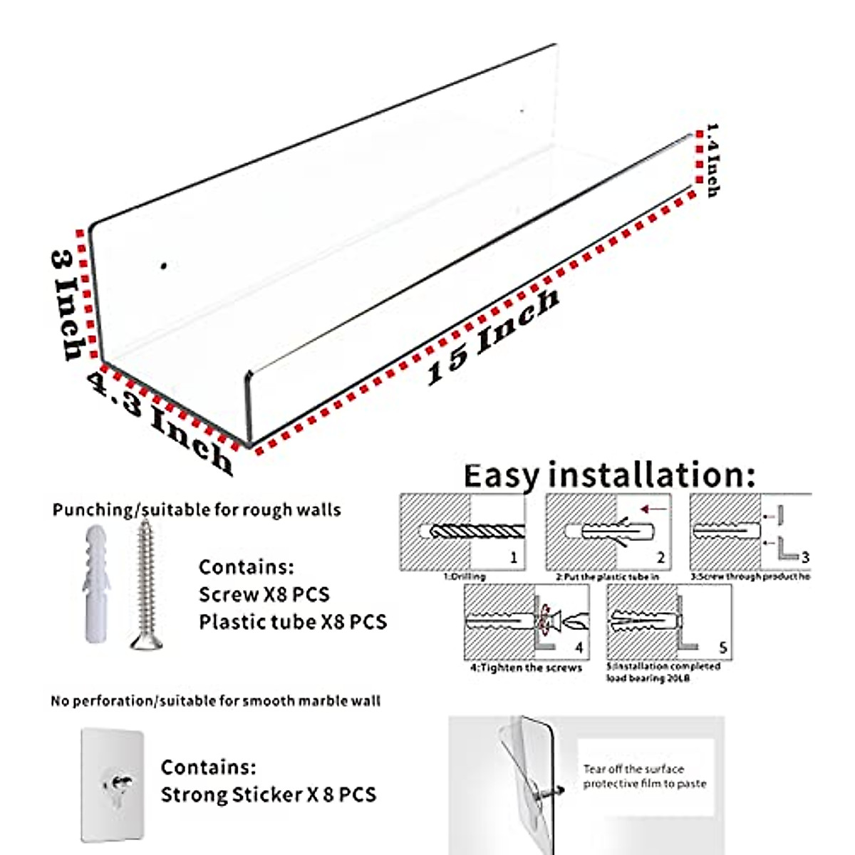 KLGO 4 Pack Clear Acrylic Floating Wall Ledge Shelf for,15" Invisible Wall Mounted Nursery Kids Floating Bookshelf for Kids Room,Modern Funko Pop Display Shelves Toy Storage Wall Shelf