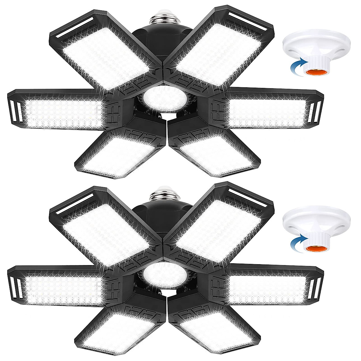 Led Garage Lights 2 Packs, 180W 18000Lm Deformable Triple Glow Garage Lighting with 6 Adjustable Led Panels, E26 Ceiling Light, Led Shop Lights for Garage, Warehouse, Basement Workshop, Yard