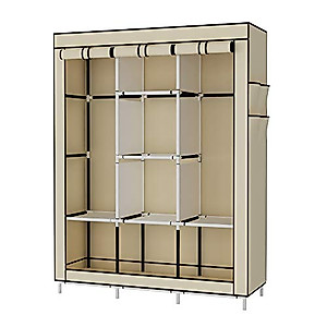 UDEAR Portable Wardrobe Closet Clothes Organizer No-Woven Fabric Cover with 6 Storage Shelves, 2 Hanging Sections and 4 Side Pockets，Beige