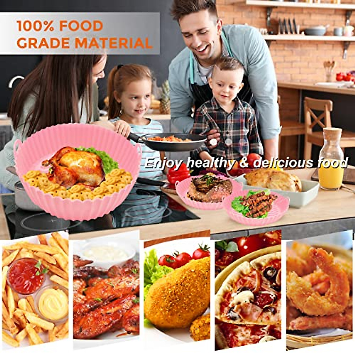 Silicone Air Fryer Liners, 7.5'' Pink 3 to 6 QT Round Reusable Air Fryer Silicone Bowls Pots Basket Covers Replacement of Parchment Paper for COSORI Ninja Air Fryers Oven Accessories