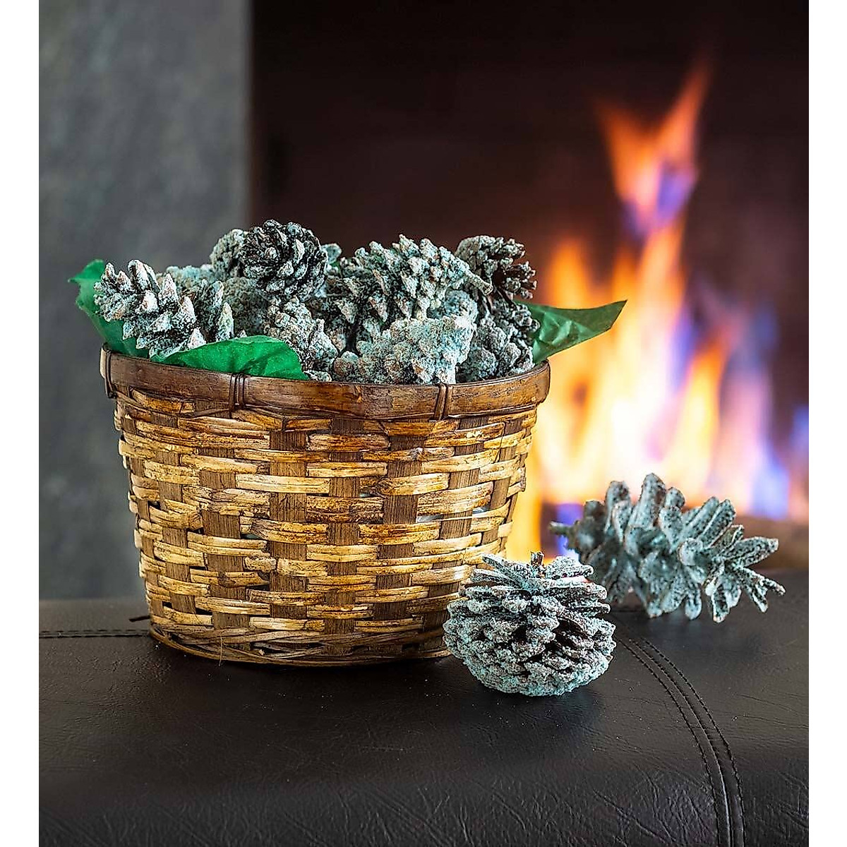 Plow and Hearth Color-Changing Fireplace Color Cones, 1 lb. in Gift Basket, Indoor/Outdoor Wood Fires, Fire Pit, Hostess Gift, Housewarming Gifts, 10 Minutes, Blue and Green Flames, 7" Dia. x 10" H