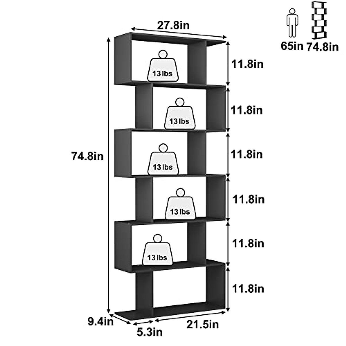 HOMEFORT Wooden Geometric Bookshelf,6-Tier S-Shaped Bookcase,6 Shelf Morden Bookshelves,Unique Freestanding Tall Book Shelf and Book Case for Bedroom and Living Room Home Office,Black