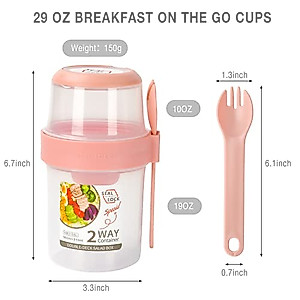HOXHA Breakfast On the Go Cups, Overnight Oats Container with Lid and Spork, Reusable Yogurt Parfait Cups Plastic, 29 oz Cereal Cup with Measurement Marks, Set of 4, Pink and White
