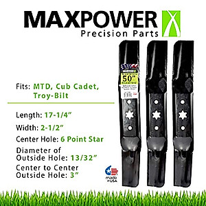 MaxPower 561558B 3 Blade Set for 50” Cut MTD, Cub Cadet, Troy-Bilt, Replaces OEM no. 942-05052A, 742-05052A, Black