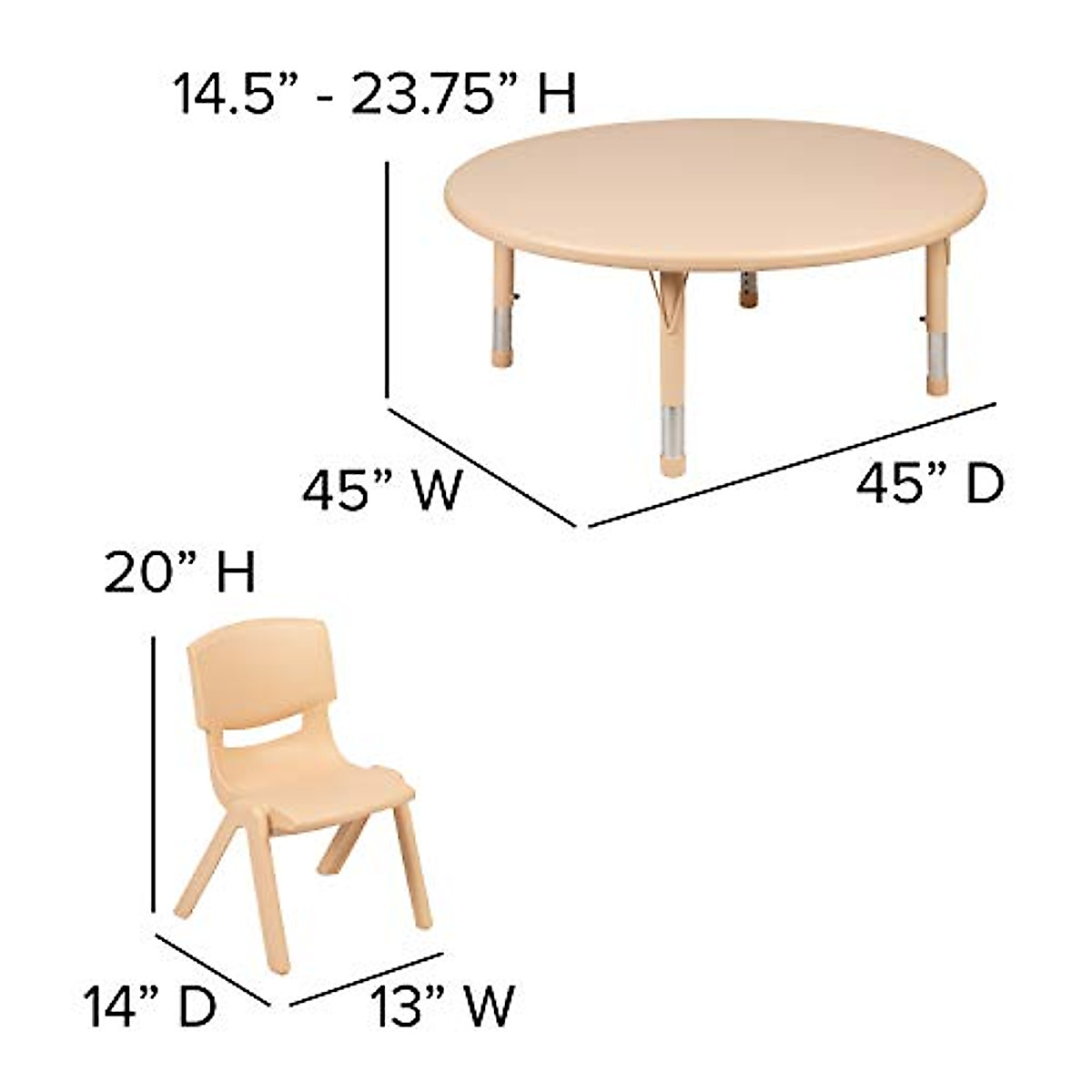Flash Furniture Emmy 45" Round Natural Plastic Height Adjustable Activity Table Set with 4 Chairs