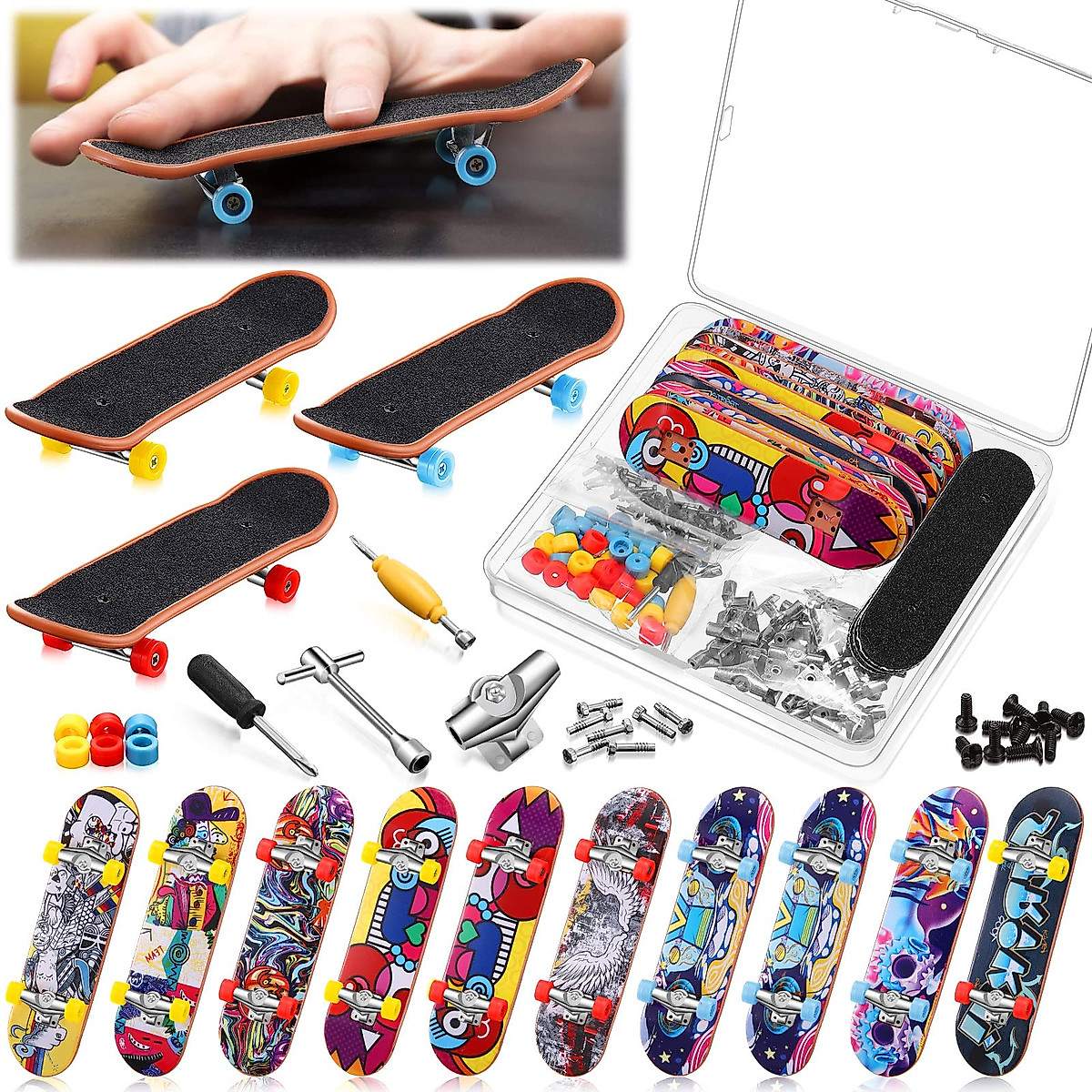 Civaner 10 Pack Valentines Day DIY Kids Finger Skateboard Set with Box and Replacement Accessories, Mini Collectible Fingerboard, Finger Toy Kit, Valentine Party Favor for Kids Children Finger Skater