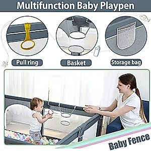 71x59in Large Baby Playpen- Play Yard for Babies Toddlers- Portable Baby Fence Indoor with Door- Anti-Fall Activity Center with Ocean Balls Pull Rings Storage Bag