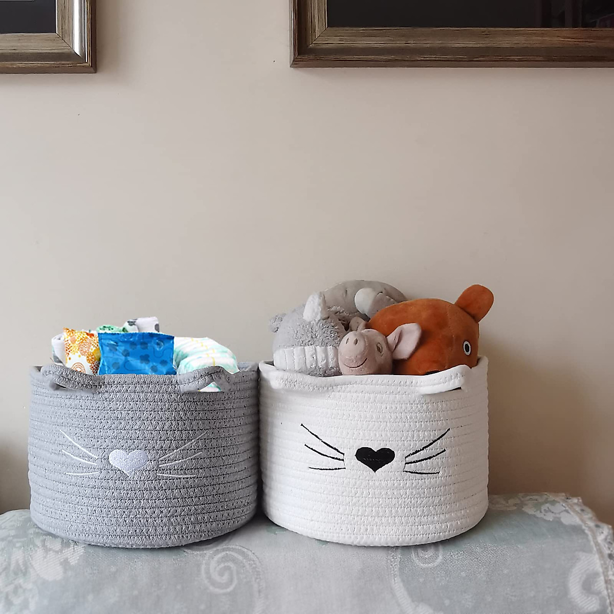 Small Woven Basket,Rope Storage Basket with Handle,Cute Cotton Basket for Nursery,Cat Dog Toy Storage Organizer Basket,Storage Bins for Toy Organizer