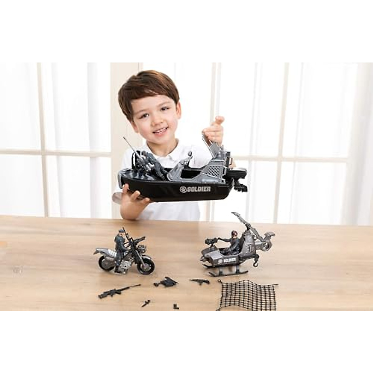 JOYIN 9 Pcs Combat Boat and Military Vehicle Toys Set with Realistic Military Combat Boat, Mini Helicopter, Motorcycle, Army Men Toy Soldiers Action Figures and Other Equipment Accessories