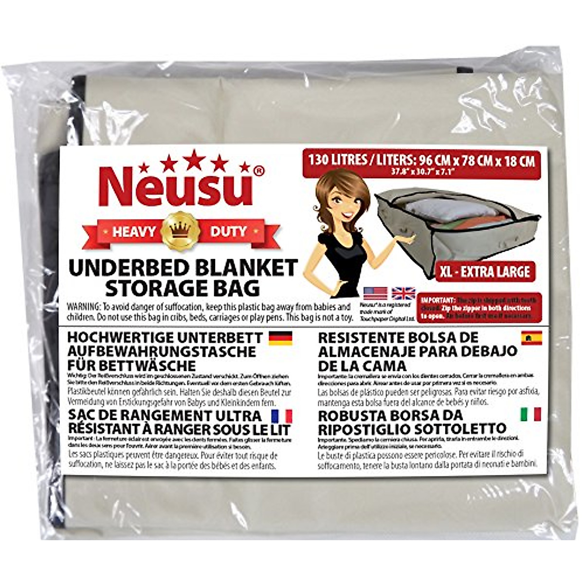 Neusu Underbed Storage Bag for Comforters - Beige, Jumbo XXL, 180 Liters, 49" x 31" x 7"
