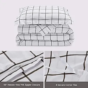 SLEEP ZONE Bedding Duvet Cover Sets Printed Grey Grid Pattern 120gsm Ultra Soft Zipper Closure Corner Ties, Grey Grid on White, King (104 x 90 inch | 2 Pillow Shams)