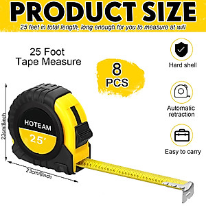 Hoteam 8 Pcs Tape Measure 25 Feet, Easy Read Bulk Measuring Tape Retractable Yellow Measurement Tape with Fractions 1/8