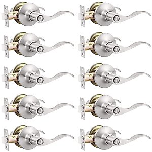 GOBEKOR 10 Pack Privacy Door Levers Bedroom Door Handle with Lock Satin Nickel Interior Door Handles Keyless Door Lock Wave Bed/Bath Lever