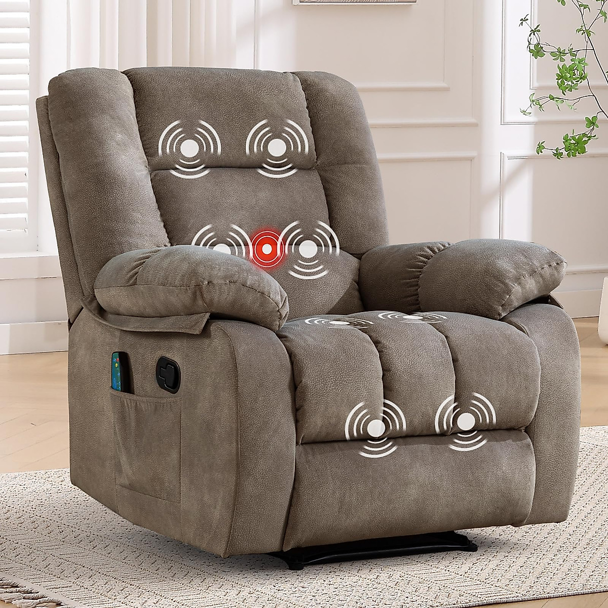 ANJHOME Overstuffed Massage Recliner Chairs with Heat and Vibration, Soft Fabric Single Manual Reclining Chair for Living Room Bedroom (Brown)
