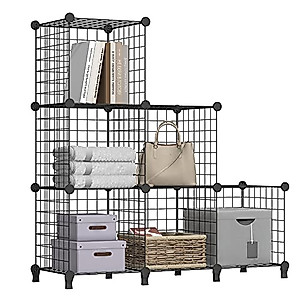 Wolizom Wire Cube Storage, 6-Cube Black Metal Grids Shelves Bookshelf, Stackable Modular Shelving Organizer, DIY Closet Bookcase Bookshelf, Grid Storage Shelf for Bedroom, Living Room, Office