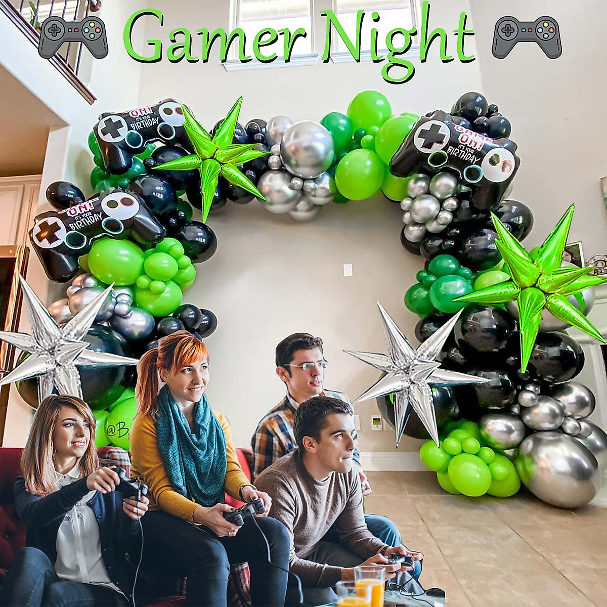 Video game Balloon garland kit 135pcs Green and Black Silver Controller balloon arch Gamer night Decorations For boy birthday party supplies
