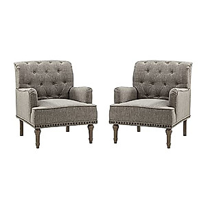 HULALA HOME Set of 2 Modern Accent Chair with Retro Wood Legs, Comfy Upholstered Armchair with Button-Tufted and Nailhead Trim for Living Room Bedroom, Grey
