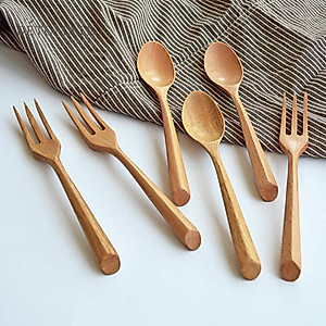 Kyien 6Pcs Wood Soup Spoons And Forks Sets Natural Wood Eating Utensils Wooden Flatware Set，Eco Friendly Wood Cutlery Wooden Dinner Fork And Spoon，3 Spoons and 3 Forks