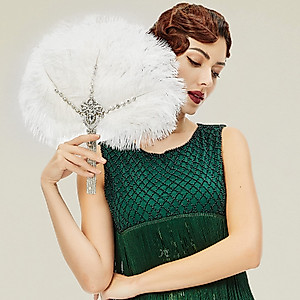 BABEYOND Vintage Bridal Feather Bouquet 1920s Ostrich Feather Fan Crystal Bridesmaid Bouquet 20s Gatsby Wedding Bouquet Flapper Accessories (White & Crystal Handle)