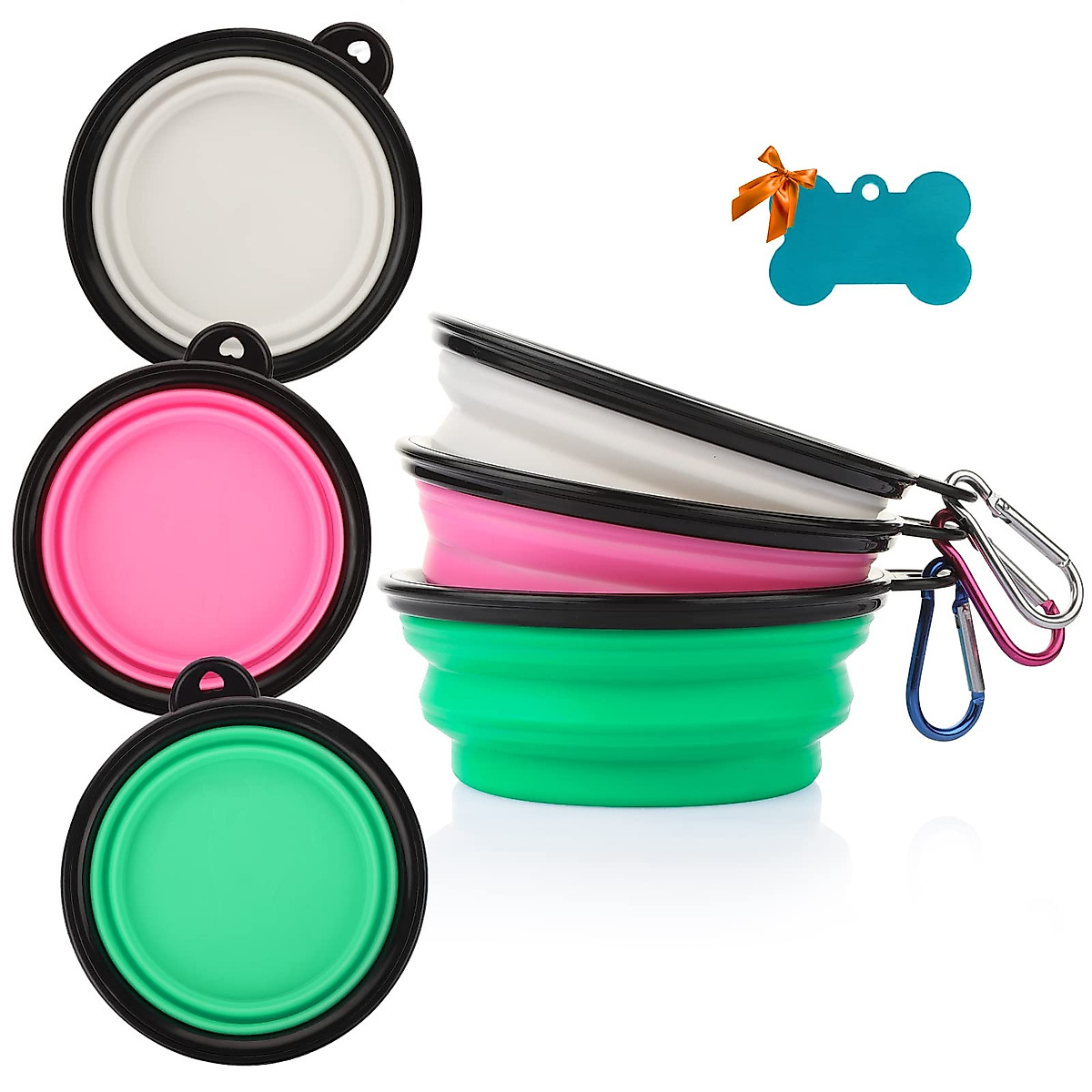 Collapsible Dog Bowls, 3 Pack Collapsable Doggy Water Bowl for Cats Dogs, Portable Travel Dog Feeding Watering Dish for Pet Camping Walking with 2 Carabiners