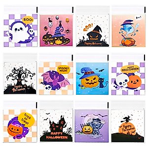 AXYEEUR 550 Pcs Halloween Candy Bags,Halloween Self Adhesive Cookie bags,12 Styles Halloween Clear Cellophane Treat bags for Party Favors Supplies