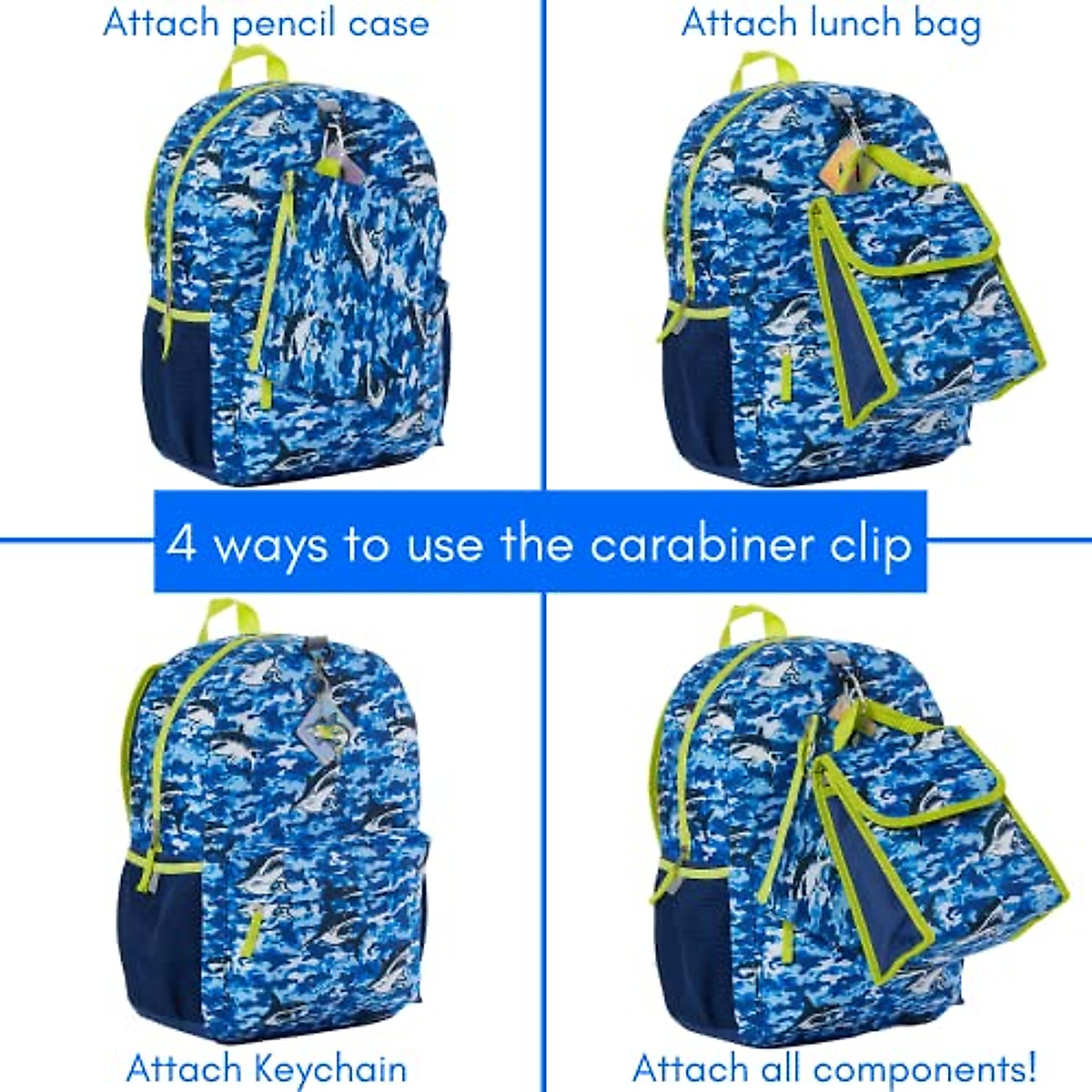 RALME Ocean Blue Camo Shark Backpack Set for Boys, 16 inch, 6 Pieces - Includes Foldable Lunch Bag, Water Bottle, Key Chain, & Pencil Case