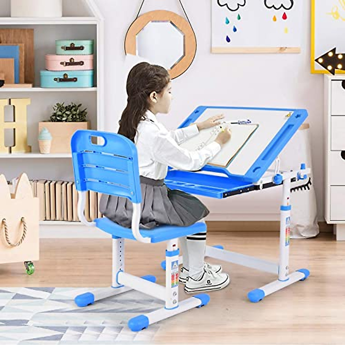 Height Adjustable Kids Desk and Chair Set - Homework Table and Chair Set with T-ilted Table & Pull Out Storage Drawer - Student Study Desk for Boys and Girls Writing Drawing Painting (Blue, A)