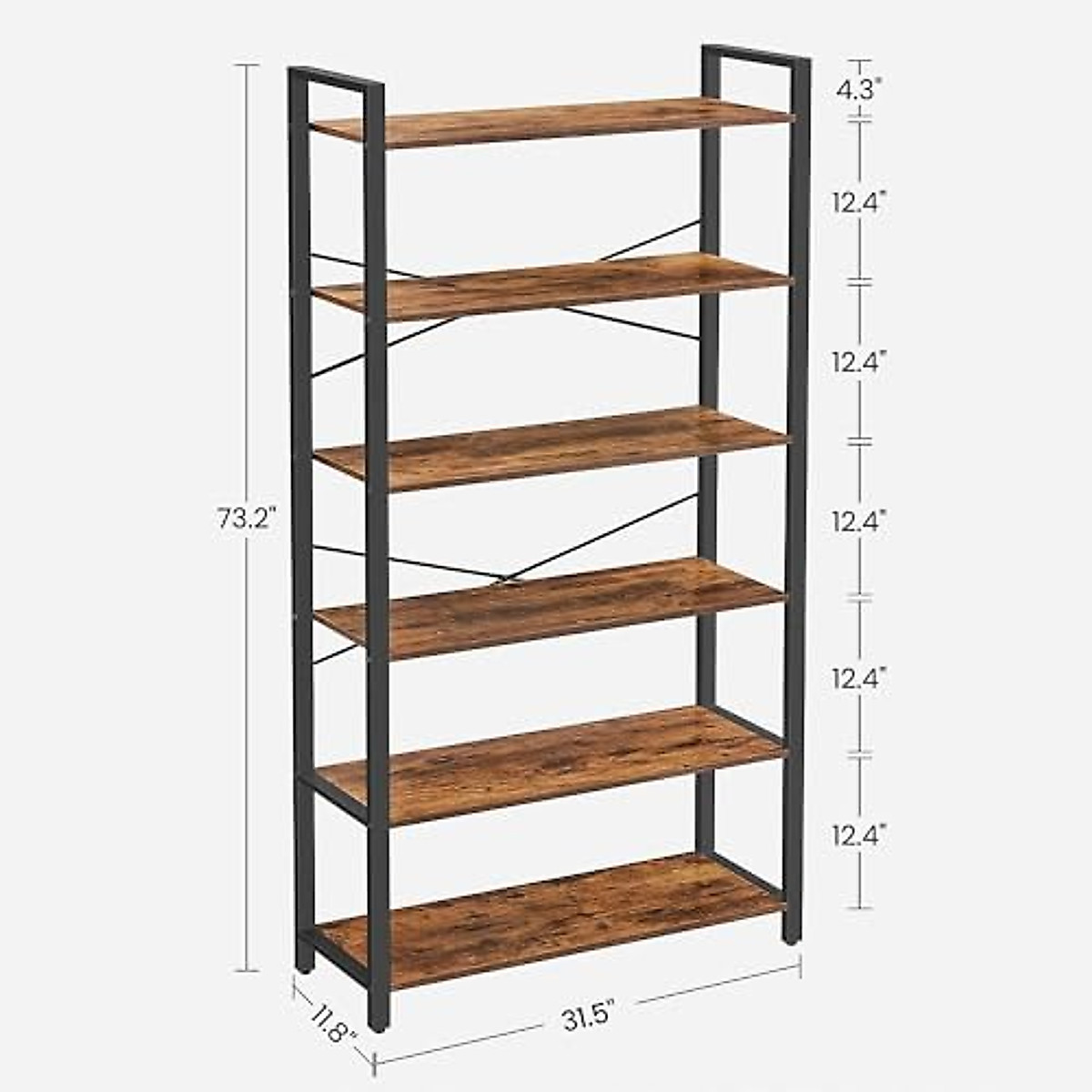 Fancial 6-Tier Tall Bookshelf, Large Bookcase with Steel Frame, Deep Book Shelf for Living Room, Home Office, Study, 11.8 x 31.5 x 73.2 Inches, Industrial Style, Rustic Brown and Black
