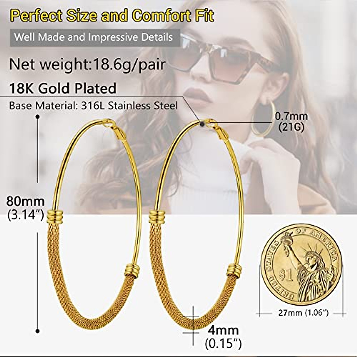 Big Hoop Earrings For Women Large Hoops 18K Gold Plated Stainless Steel Large Round Earring Chunky Gold Hoop Earrings
