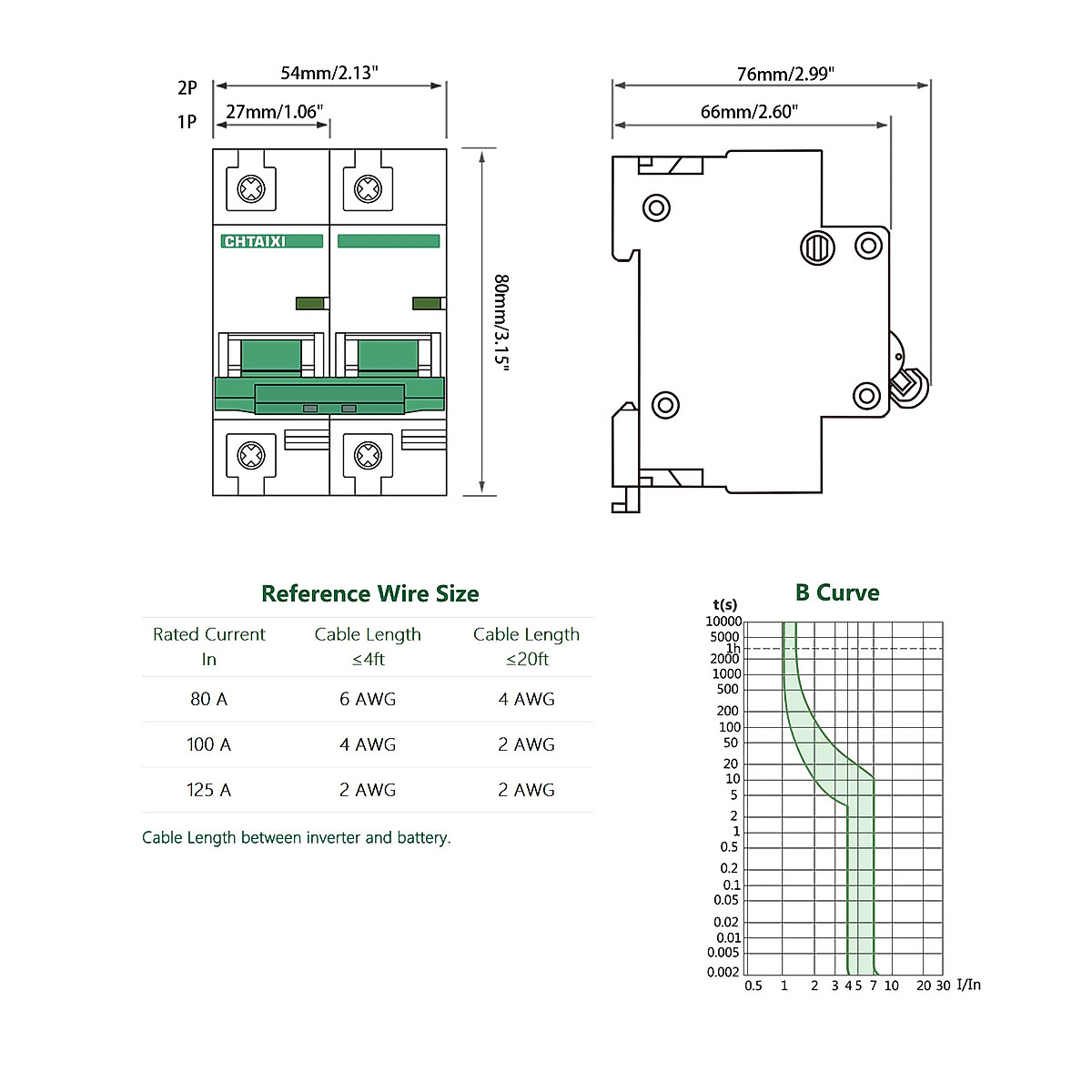 Chtaixi 12V-110V DC Miniature Circuit Breaker, 100 Amp 1 Pole Battery Breaker Protector for Solar PV System and RV, Thermal Magnetic Trip, DIN Rail Mount, High Current DC Disconnect Switch MCB 1P B100