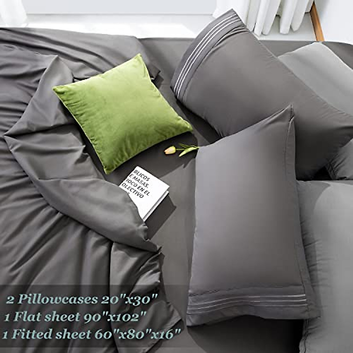 LBRO2M Bed Sheet Set Queen Size 16 Inches Deep Pocket 1800 Thread Count 100% Microfiber Sheet,Bedding Super Soft Comfortable, Cool Warm,4 Piece（Dark Grey）