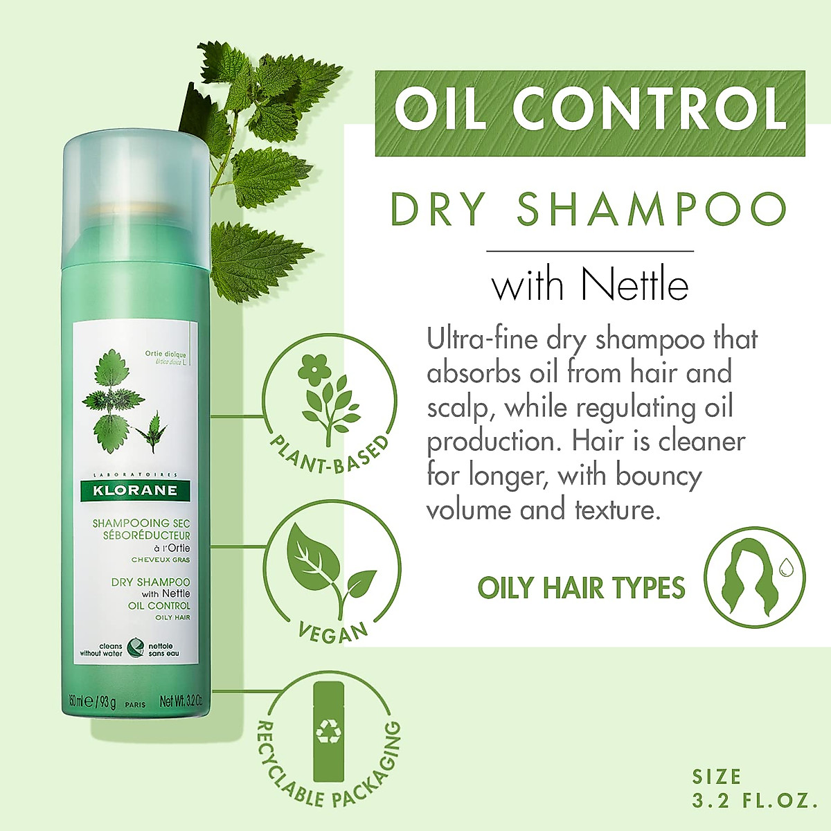 Klorane Dry Shampoo with Nettle for Oily Hair and Scalp, Regulates Oil Production, Paraben & Sulfate-Free, 3.2 oz.