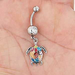 Excepro 14G(1.6mm) Multicolor Sea Turtle Curved Barbell Dangle Belly Button Ring 316L Stainless Steel