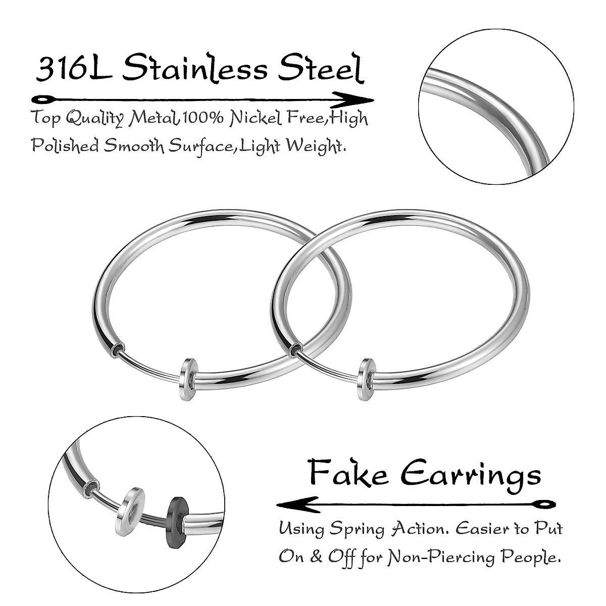 Keklle Stainless Steel 4 Pairs Clip On Hoop Earrings for Women Men Non Pierced Earrings (A:Silver-Tone)