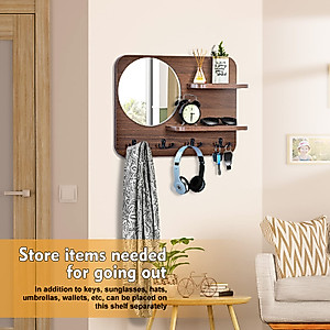YeadCedle Coat Rack with Shelf Rustic Wooden Wall Mounted Hanging Coat Rack with Mirror Shelf and 4 Double Hooks Decorative Entryway Hook Shelf for Hallway Living Room Bedroom 16"x12" (Brown S)