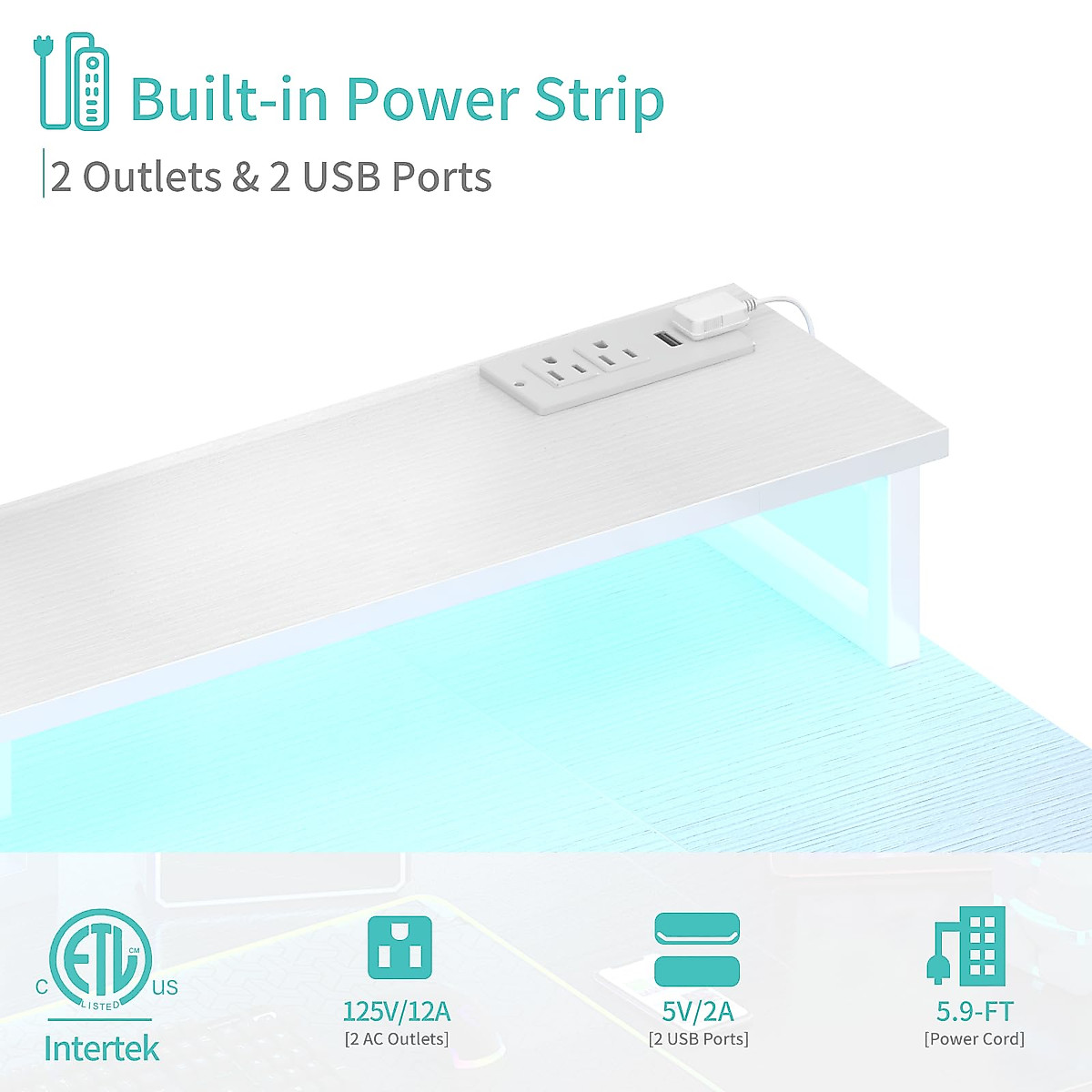 Lufeiya White Desk with Storage Shelves - 47 inch Home Office Gaming Desk with Monitor Stand, Computer Desk with LED Lights and Power Outlets, White