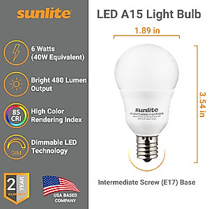 Sunlite 80334-SU LED A15 Light Bulb, 6 Watts (40W Equivalent), Intermediate Base (E17), 480 Lumens, Dimmable, Frosted Finish, ETL Listed, 1 Count, 3000K Warm White