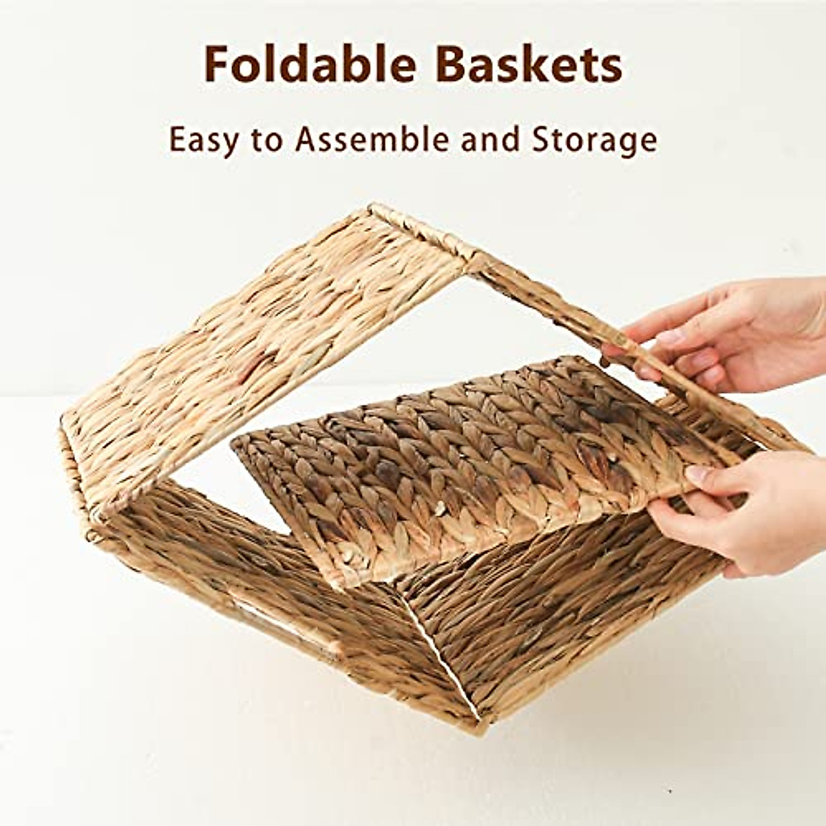 VK Living Foldable Handwoven Water Hyacinth Storage Baskets Wicker Cube Baskets Rectangular Laundry Organizer Totes for Bedroom, Living Room,Nursery Room, Shelves, Pantry 4 Pack 11.8x11.8x11.8inch