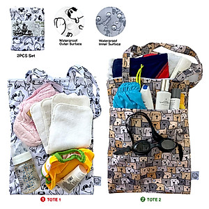 FLOCK THREE 2pcs Wet Dry Bag Waterproof Tote Reusable Wet Clothes Baby Diapers Stroller Swimsuit Travel Small Larger Electronics Toiletries Pouch Cute Dogs