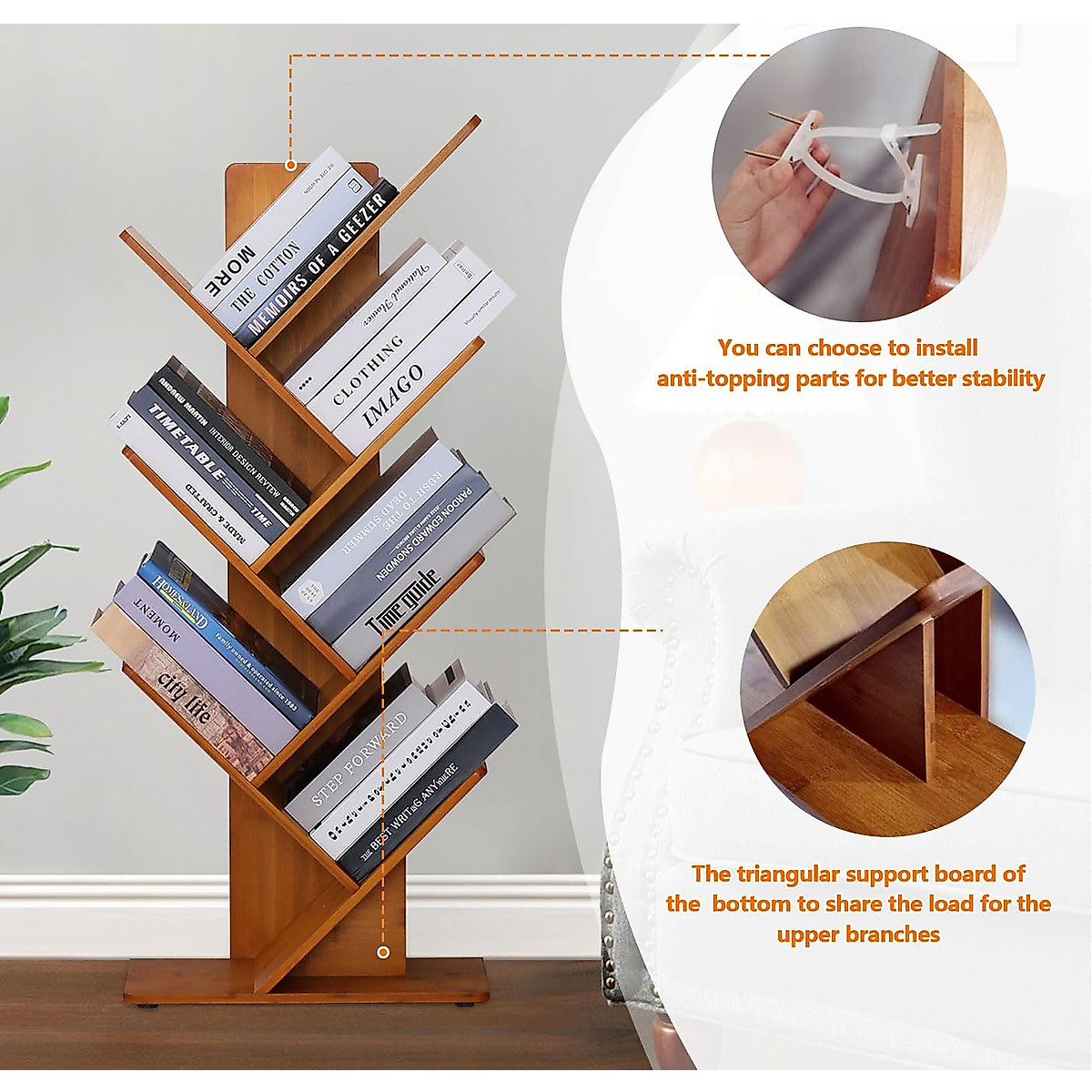 C&AHOME 7-Shelf Tree Bookshelf, Bamboo Wood Bookcase, Book Rack, Storage Rack Shelves in Living Room, Free-Standing Books Holder Organizer, Space Saver for Home, Office, Kid's Room Oak Red 4CSXSJ