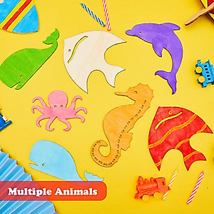 WILLBOND Unfinished Wood Cutouts Ocean Animals Wooden Paint Crafts for Kids Home Decor Ornament DIY Craft Art Project, Octopus, Shark, Whale, Dolphin, Seahorse, Fish Shape (28 Pieces)