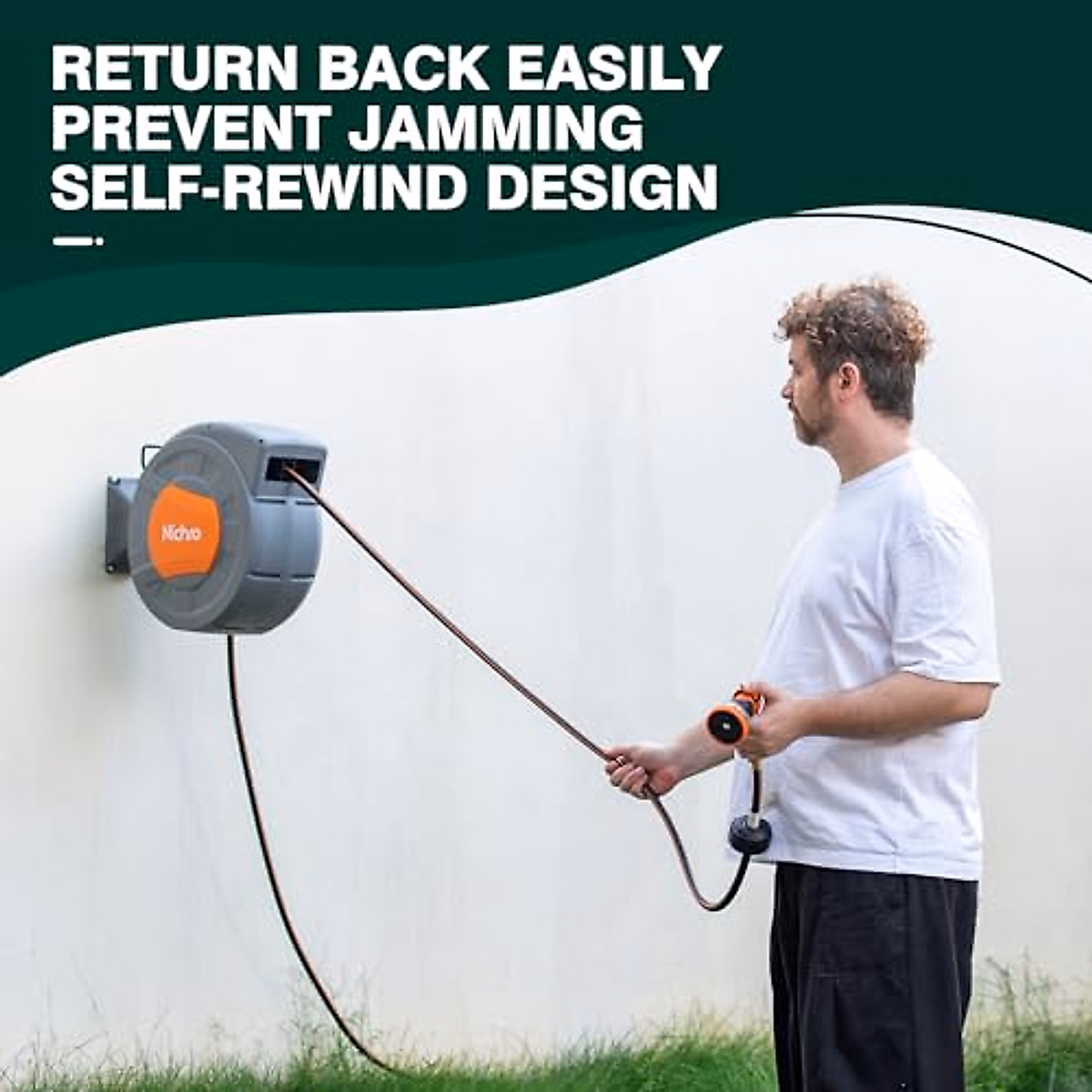 Retractable Garden Hose Reel Wall Mount, Nichro 1/2"×100ft Automatic Garden Hose Reel with Cover, 10 Pattern Hose Nozzle, Auto Rewind/Any Length Lock/Optional Installation Modes