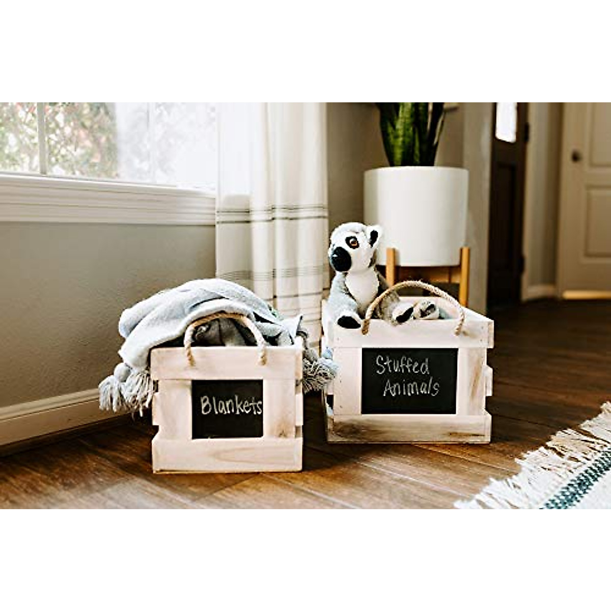 White Wooden Crates Decorative Set with Chalk Face and Rope Handles, Rustic Storage Crates (18 and 15 Inch)