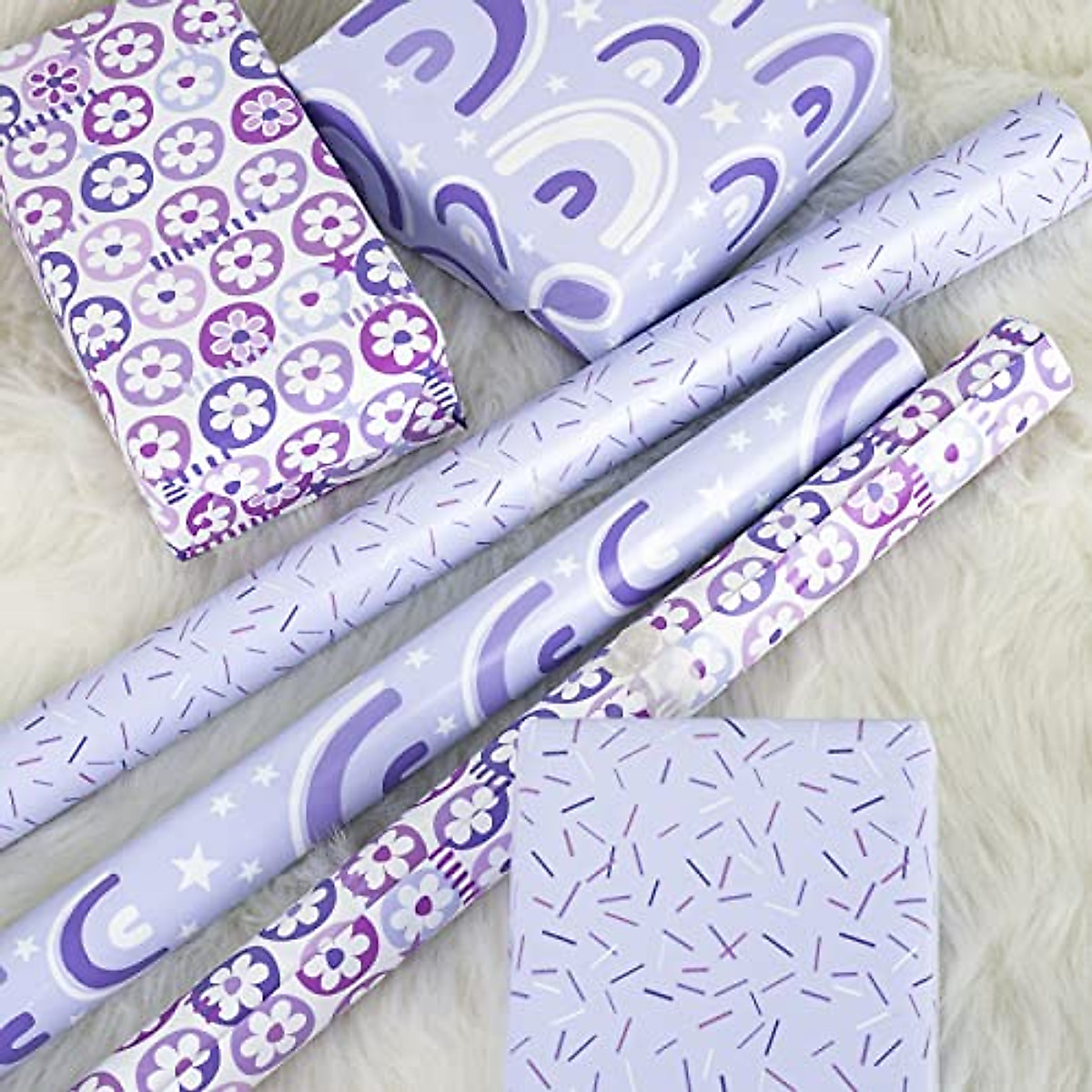 LeZakaa Purple Gift Wrapping Paper - Mini Roll - Flower Ball/Colorful Strip/Arch Print for Gift Wrap, Arts Crafts - 17 x 120 inches - 3 Rolls (43.77 sq.ft.ttl.)
