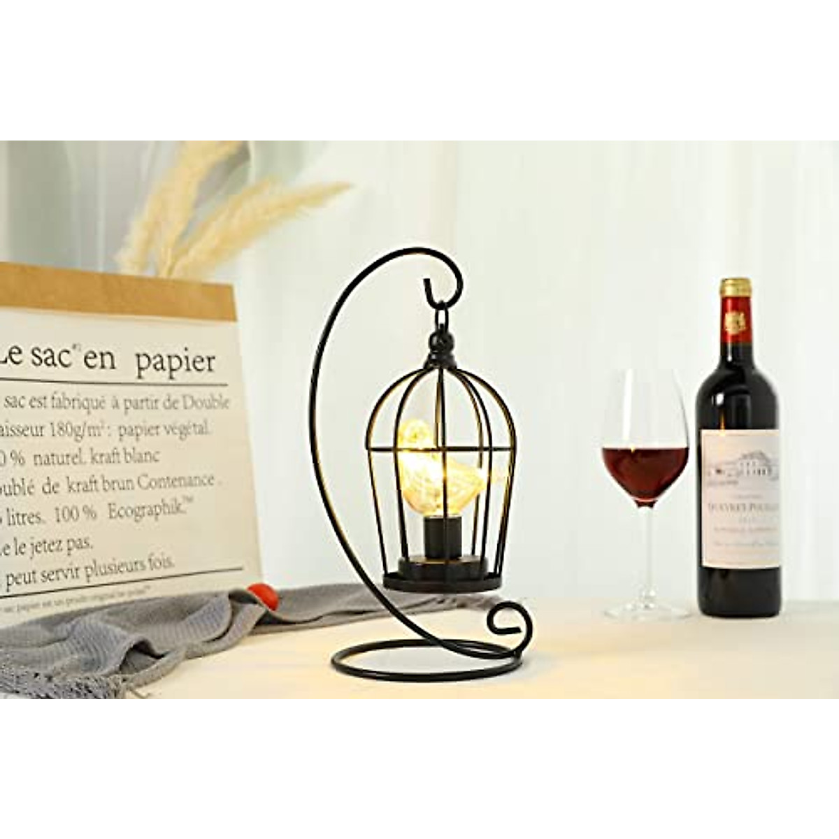 JHY DESIGN Birdcage Bulb Decorative Lamp Battery Operated 12" Tall Cordless Accent Light with Warm White Fairy Lights Bird Bulb for Living Room Bedroom Kitchen Wedding Xmas(Black)