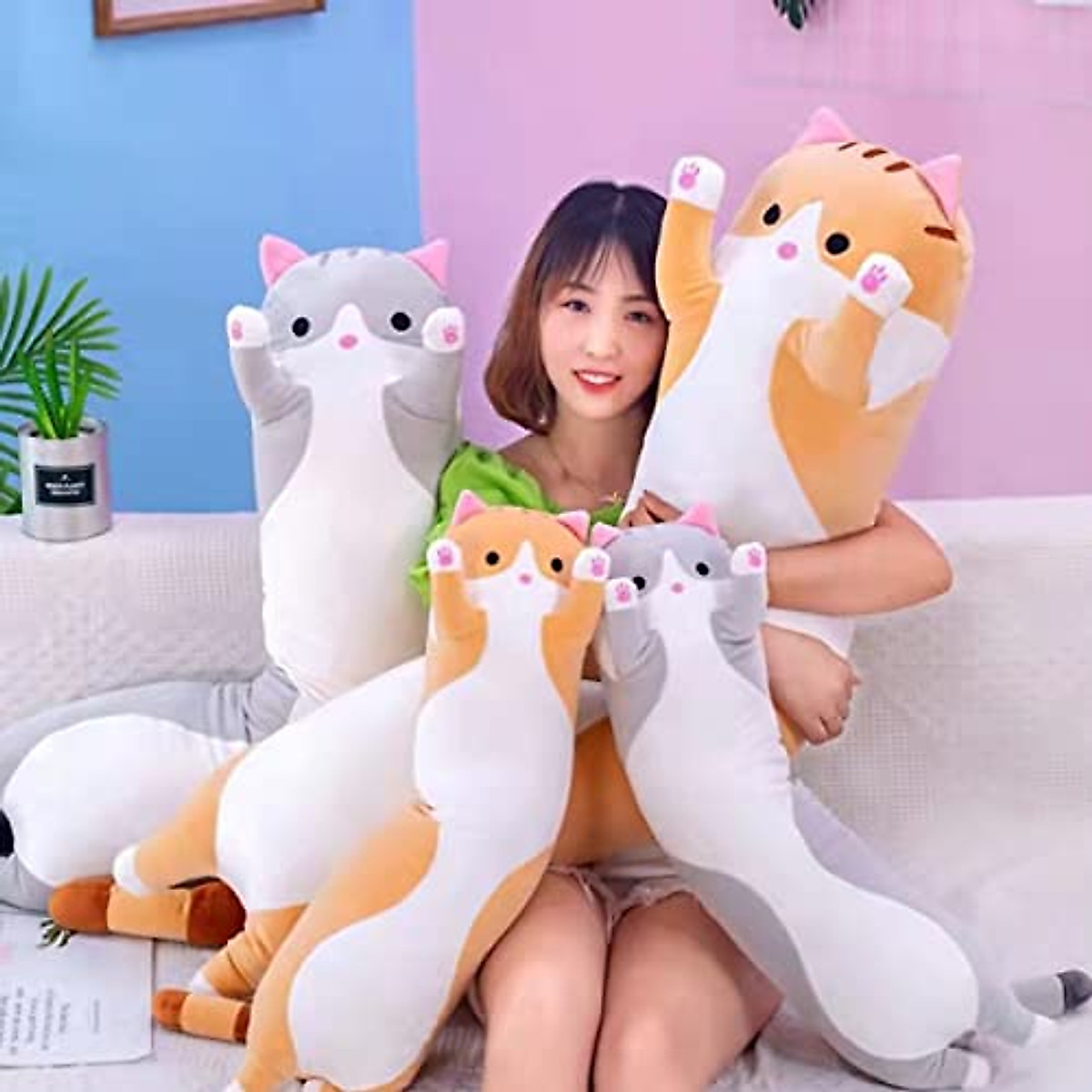 ZRLABL Long Cat Plush Pillow Plushie Stuffed Animal Body Pillow Cute Kitten Plush Throw Pillow Doll Toy Gift for Girlfriend Kids Birthday Christmas Festivals（Gray，19.7inch）